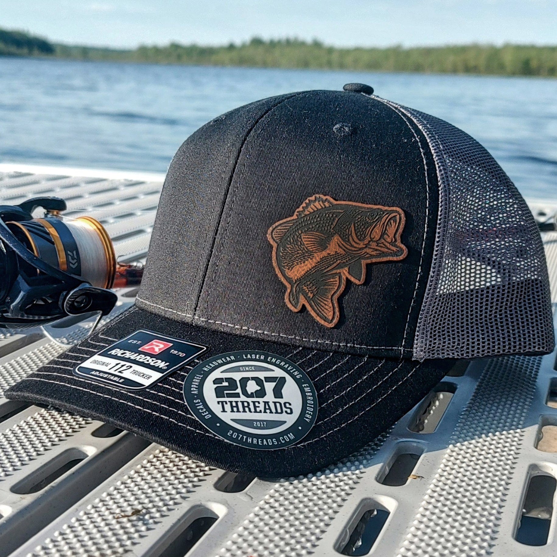 Bass Fishing Hat – Leatherette Patch Trucker Cap – 207 Threads